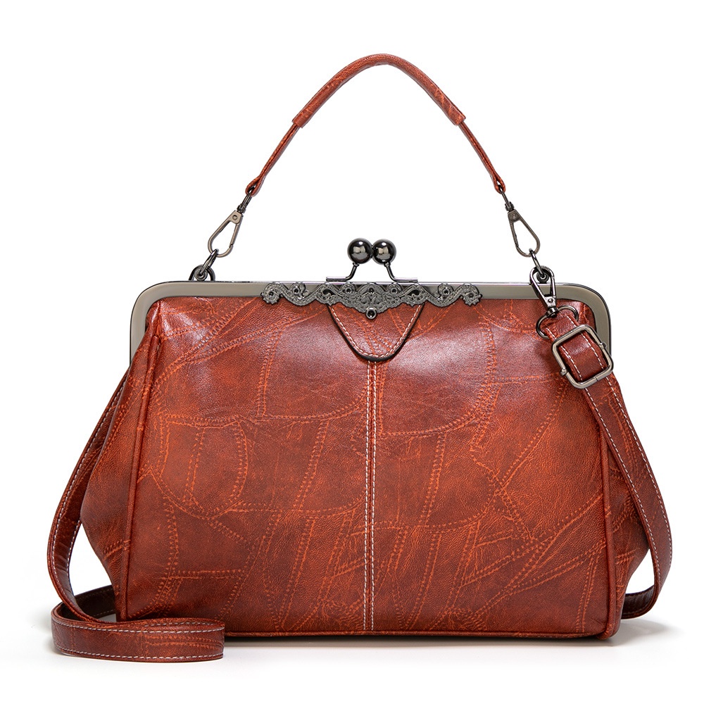 Soft PU Leather Handbag Women Retro Hollow Oil Wax Kiss Lock Shoulder ...
