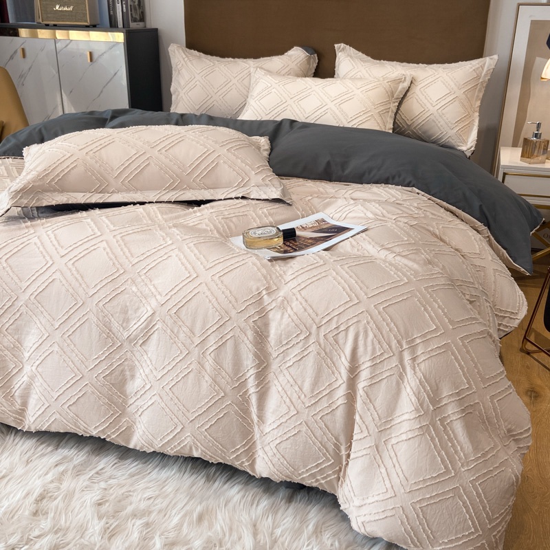 4 In 1 Plain Color Bed Sheet Set Fashion Washed Strip Cuting Flowers
