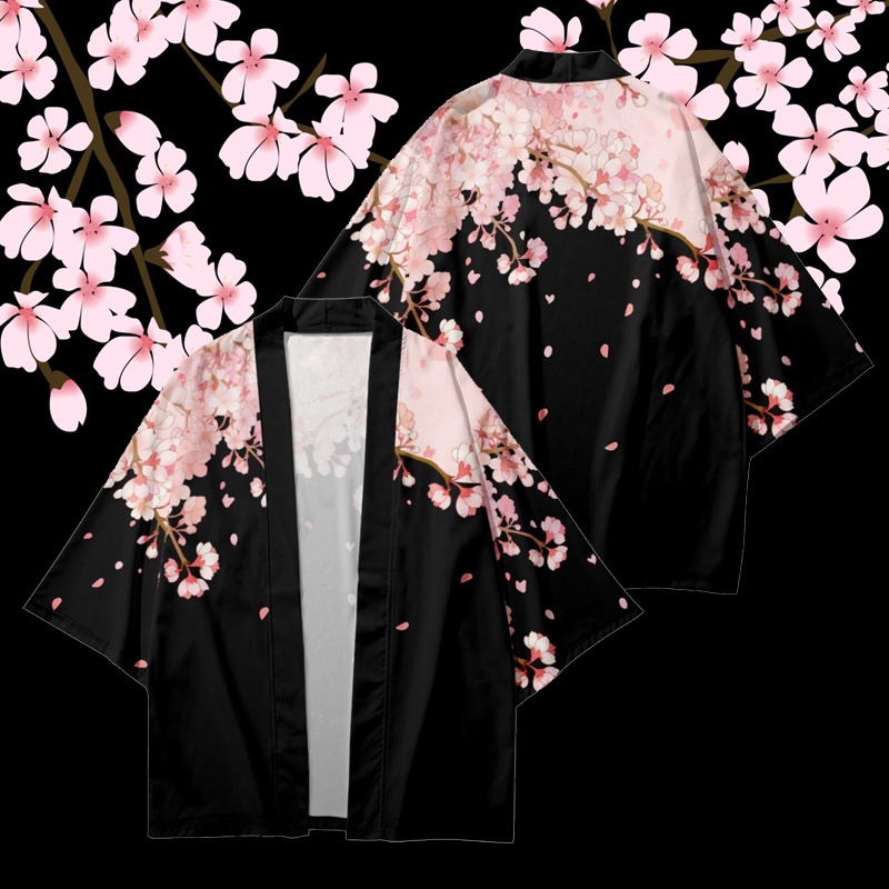 Sakura Flowers Print Yukata Men Women Fashion Cardigan Blouse Haori Obi ...