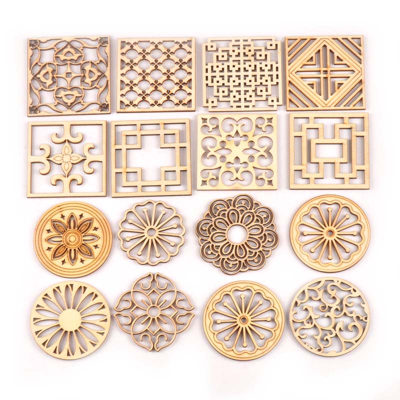 5Pcs/Pack 60mm Mix Round/Square Pattern Unfinished Wood Decoration For ...