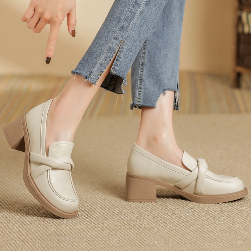 Genuine Leather 6cm High Heels Casual Women's Shoes Retro British Style ...