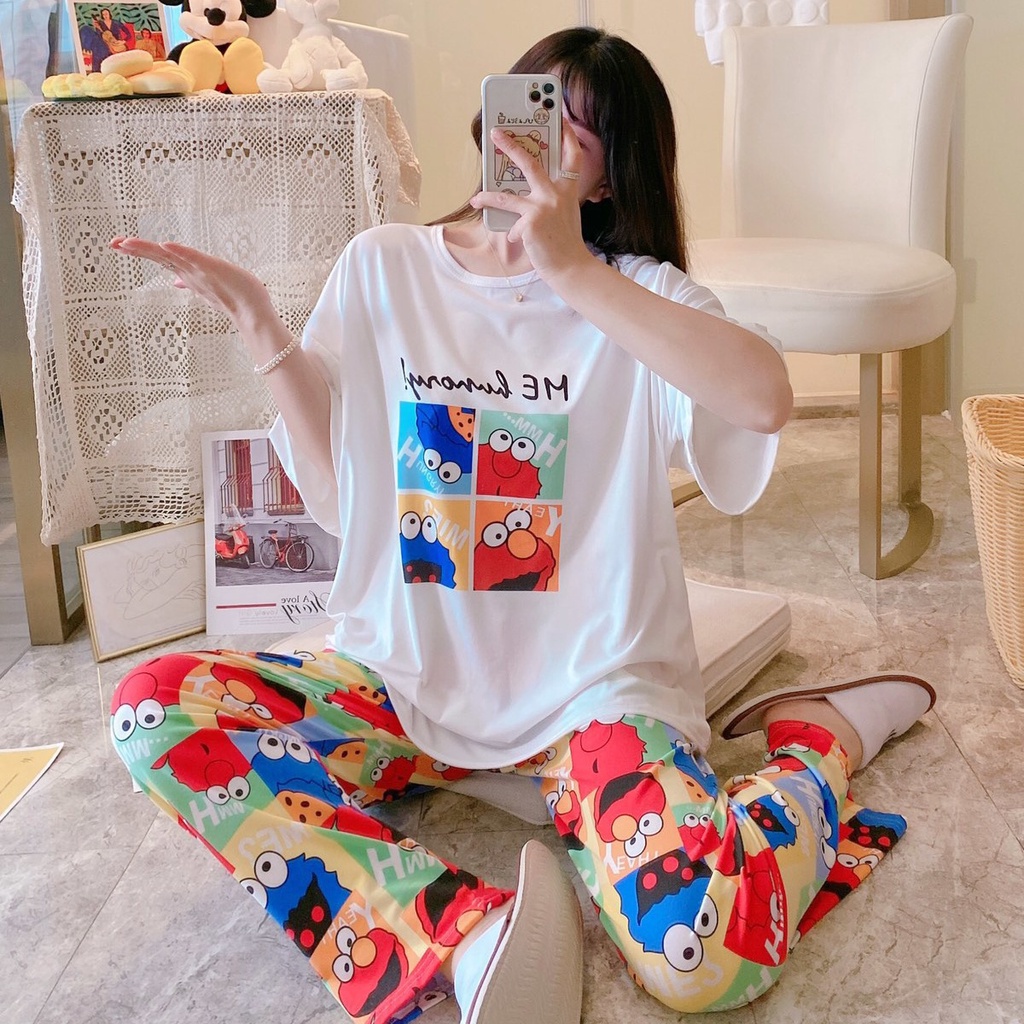 Cartoon Sesame Street Pajamas Set Female Short Sleeve Pyjamas Cropped ...