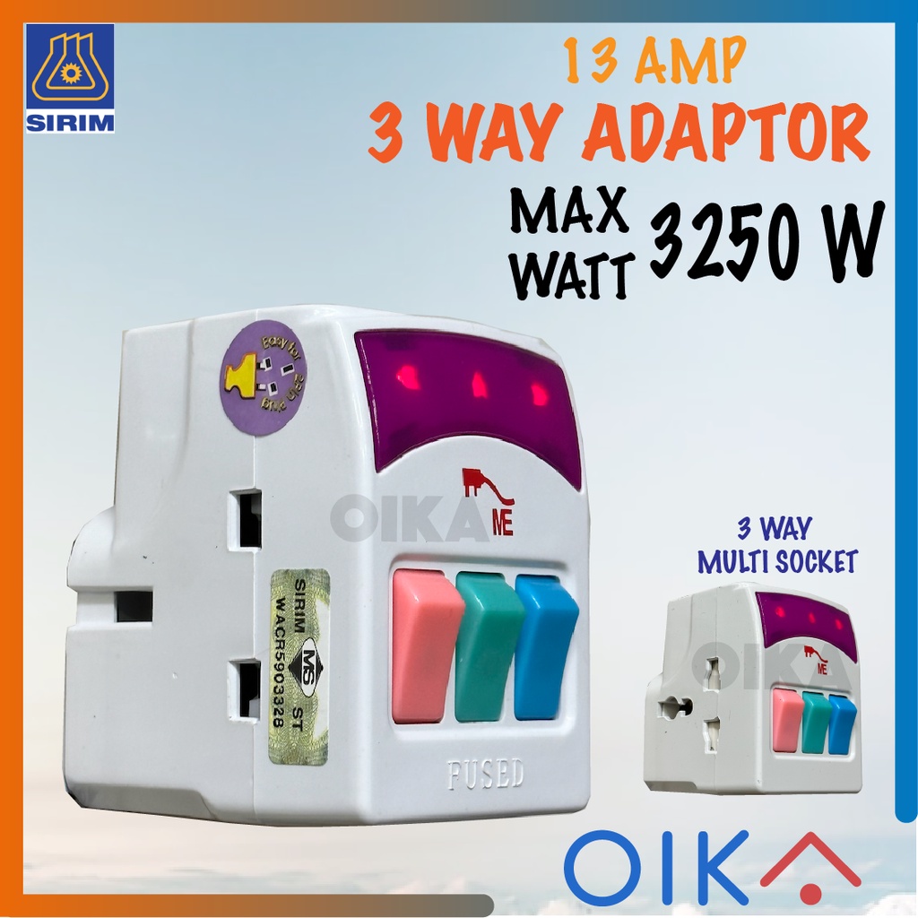 ME 13 Amp/Universal 3 WAY Adaptor Switch with Neon Light Indicator ...