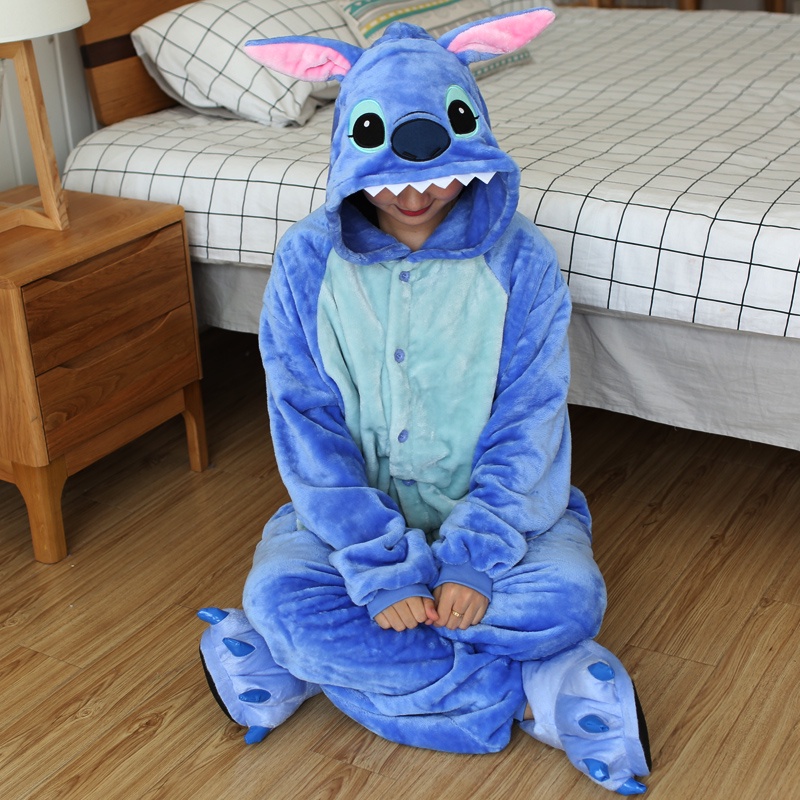 Kigurumi Stitch Pikachu Totoro Panda Cartoon Flannel Pajamas Women Long Sleeve Sleepwear Onesies ...