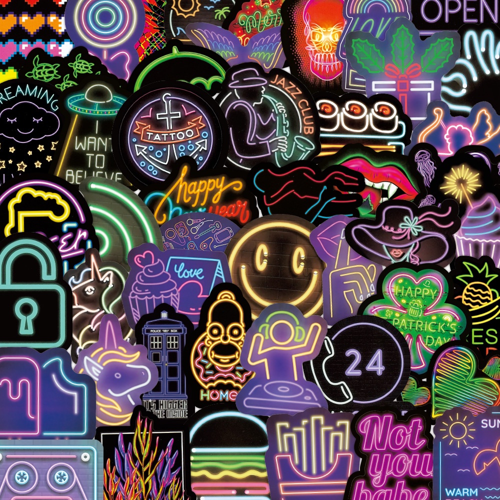 50PCS Neon Light Waterproof Sticker Party Decoration Sticker DIY Laptop ...