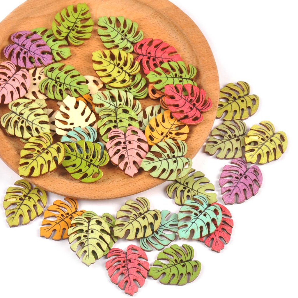 50Pcs 2Holes Mixed Painted Leaf Flatback Wooden Buttons For Clothing ...