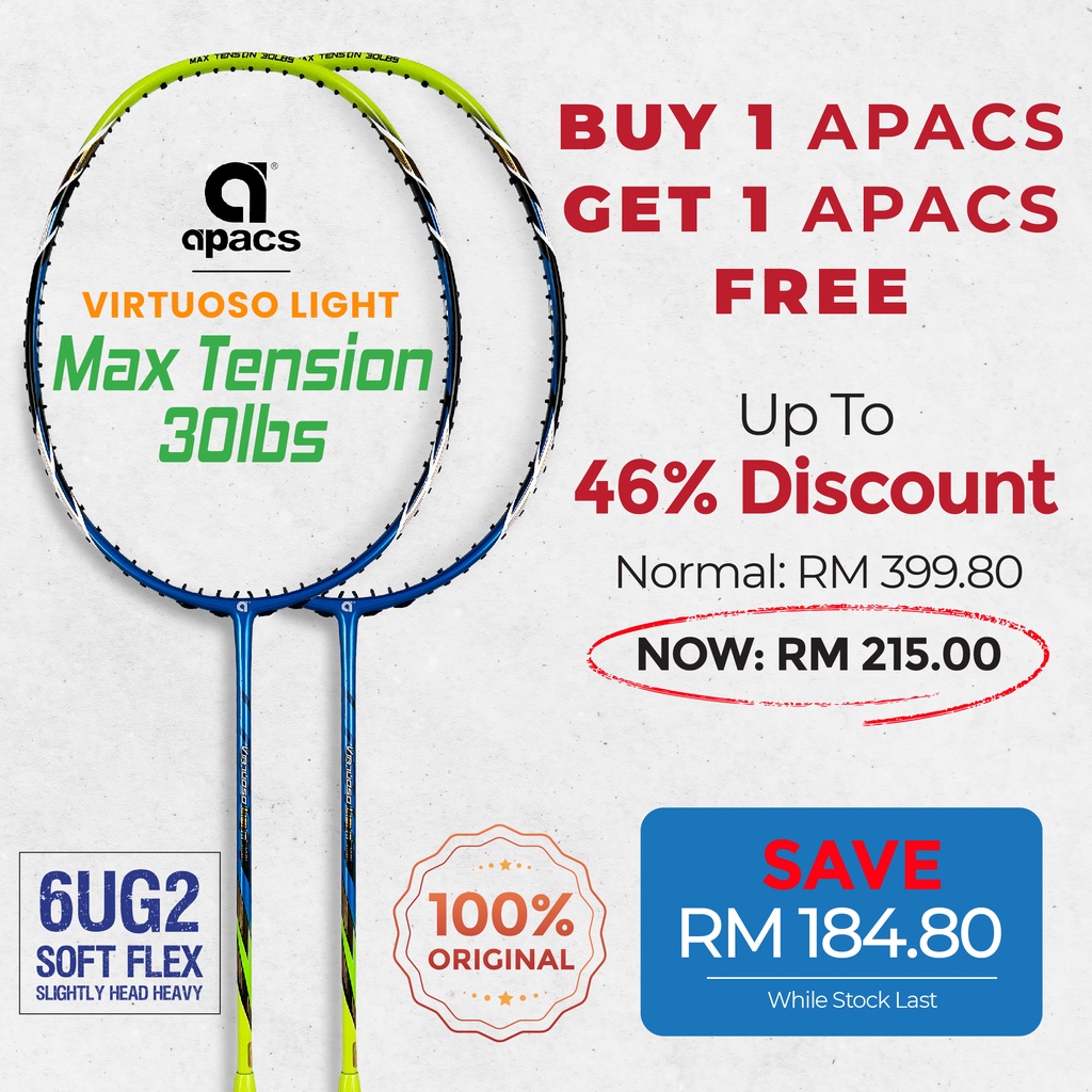 2x APACS Virtuoso Light (Blue) 6UG2 Badminton Racket 【Frame Only ...