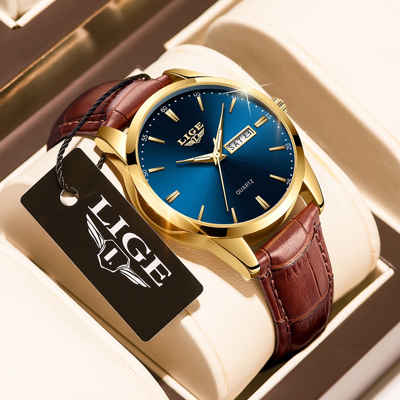LIGE fashion simple casual watch for men women leather strap unisex ...