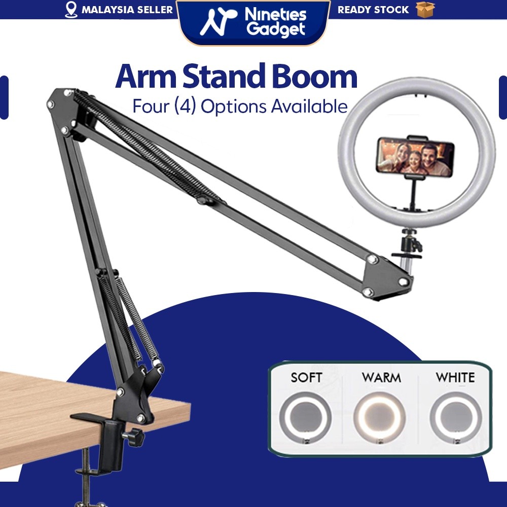 Mic Suspension Boom Arm Stand with Ring Light Phone Stand Holder Table ...