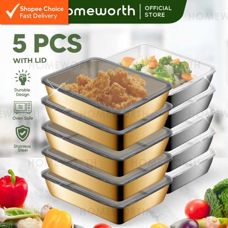 5PCS Stainless Steel Food Tray Set – Thickened Square Plates with Lid ...