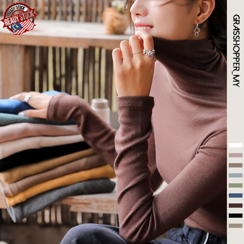 M-3XL Turtle Neck Inner baju Blouse High Neck Muslim Solid Color Long ...