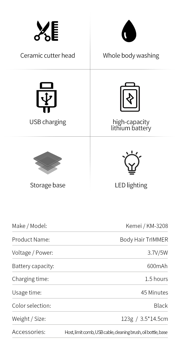 Kemei KM-3208 Waterproof Body Hair Trimmer Ceramic Cutter Groin Pubic Private Part Electric ...