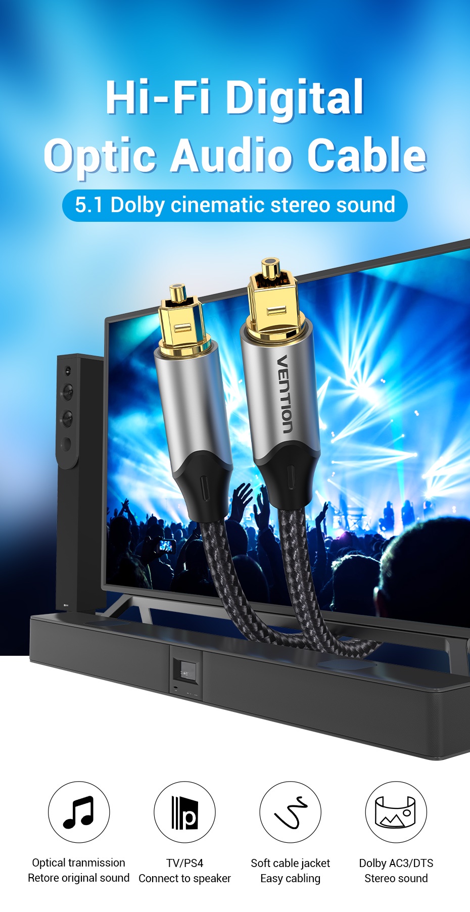 [Shopee Choice] Vention Optical Fiber Audio Cable 5.1 S/PDIF Toslink ...