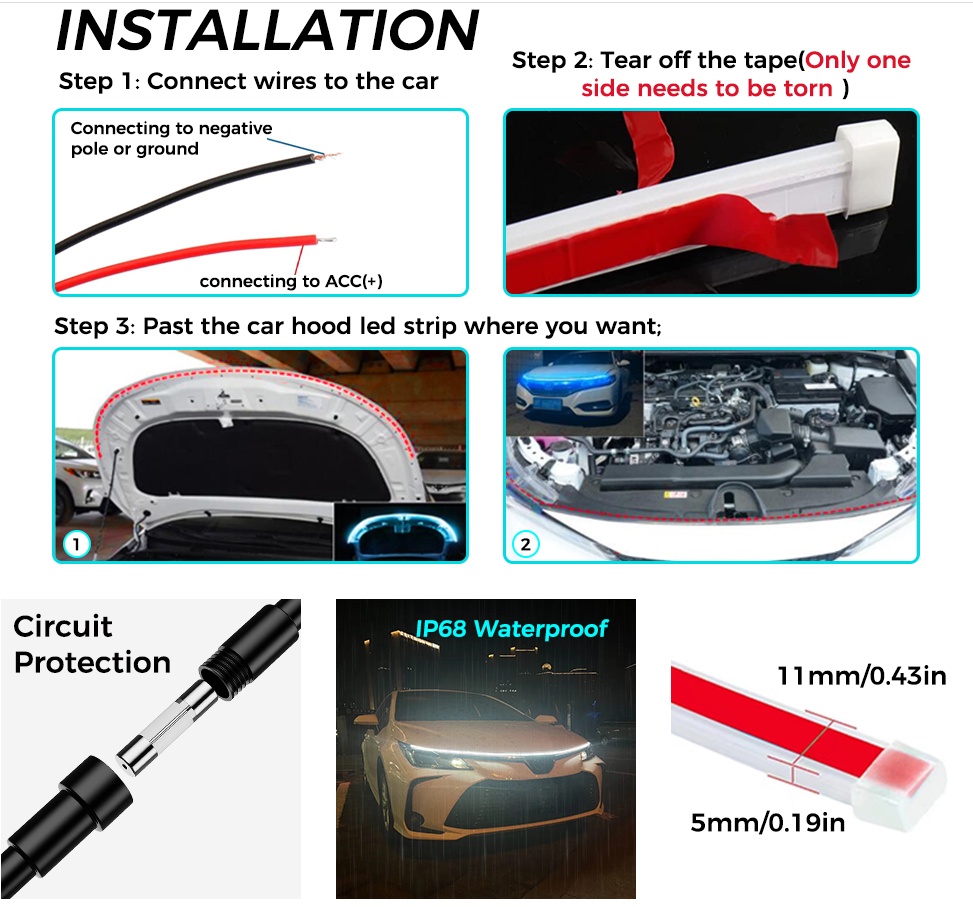 LEADTOPS [2 Sides Sticker High Quality] Car Hood Light Strip White ...