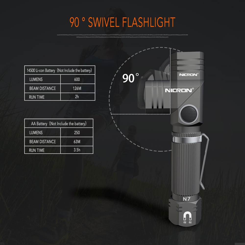 Nicron Led Flashlight B74E (N7) Handfree Dual Fuel 90° Twist Rotating ...
