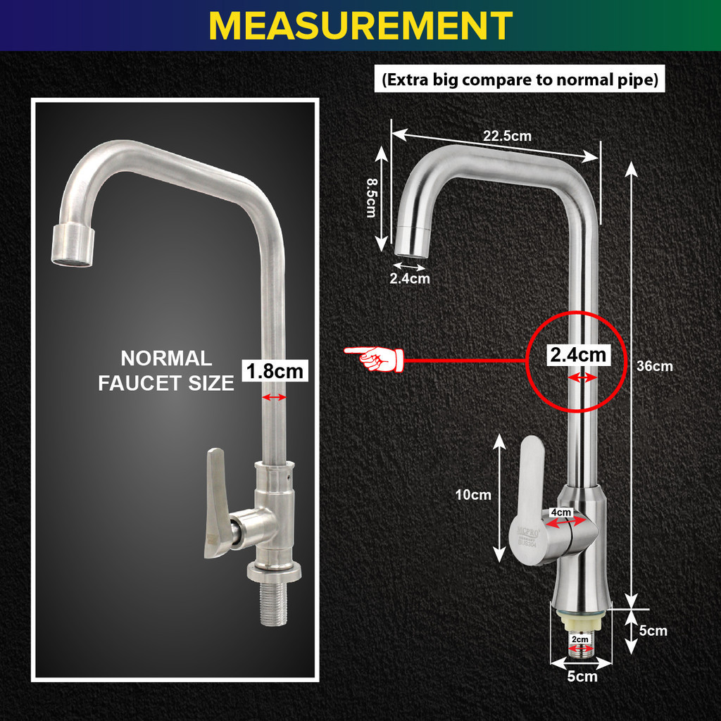 MCPRO Plus SUS304 Stainless Steel Kitchen Extra Big Faucet L SHAPE ...