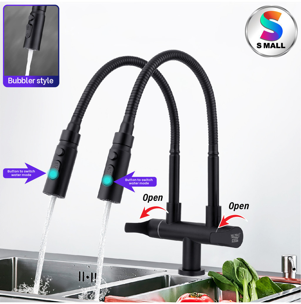 MCPRO SUS304 Stainless Steel Kitchen Faucet BLACK Flexible Twin Pillar ...