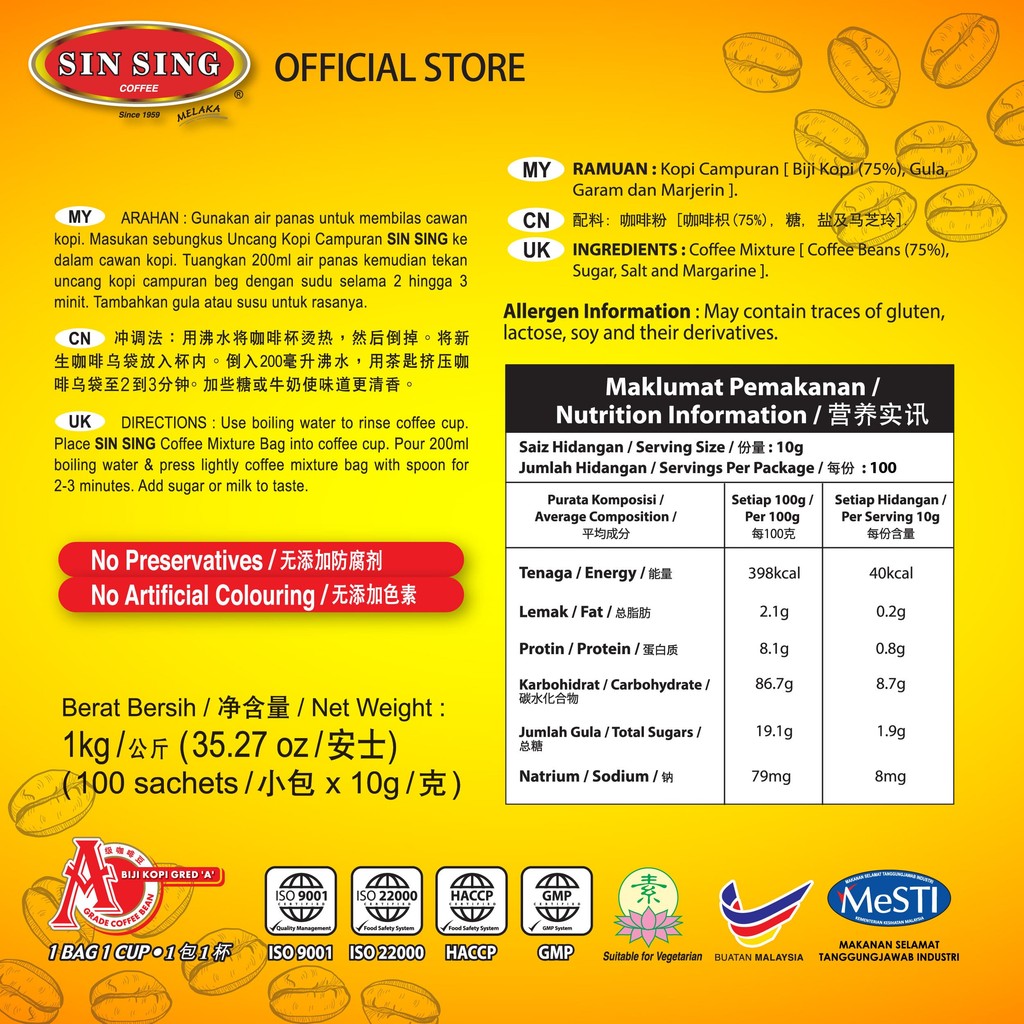 (2 Pek) SIN SING Kopi O Coffee Mixture Bags | Uncang Kopi Campuran (100's x 10g) HALAL | Shopee ...