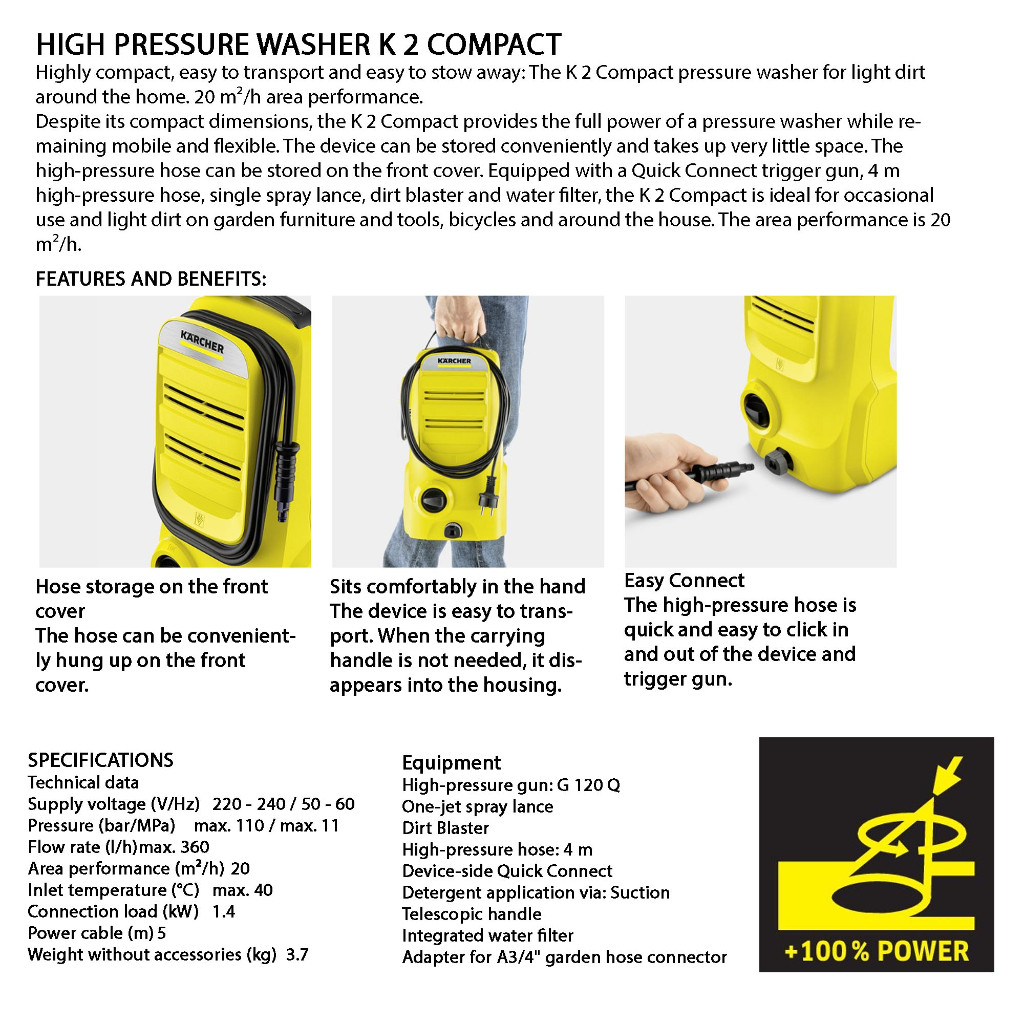 KARCHER K2 COMPACT / K2COMPACT HIGH PRESSURE WASHER 110BAR 1400W - MADE ...