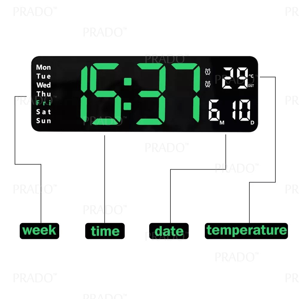 PRADO LED Digital Wall Clock USB Charge Large Display Date Time 12/24H ...