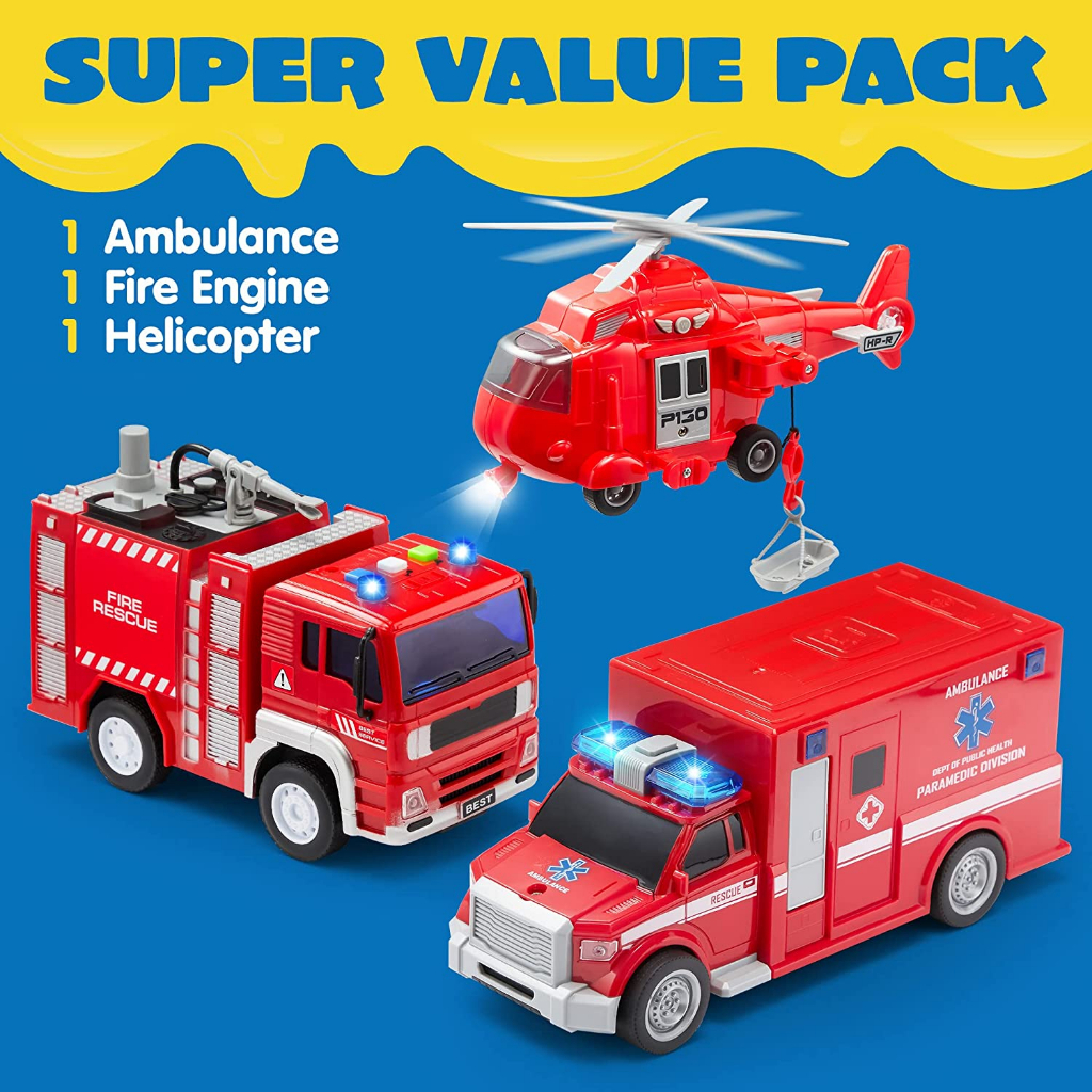 3 Packs Emergency Vehicle Playset, Pretend Helicopter, Ambulance Truck ...