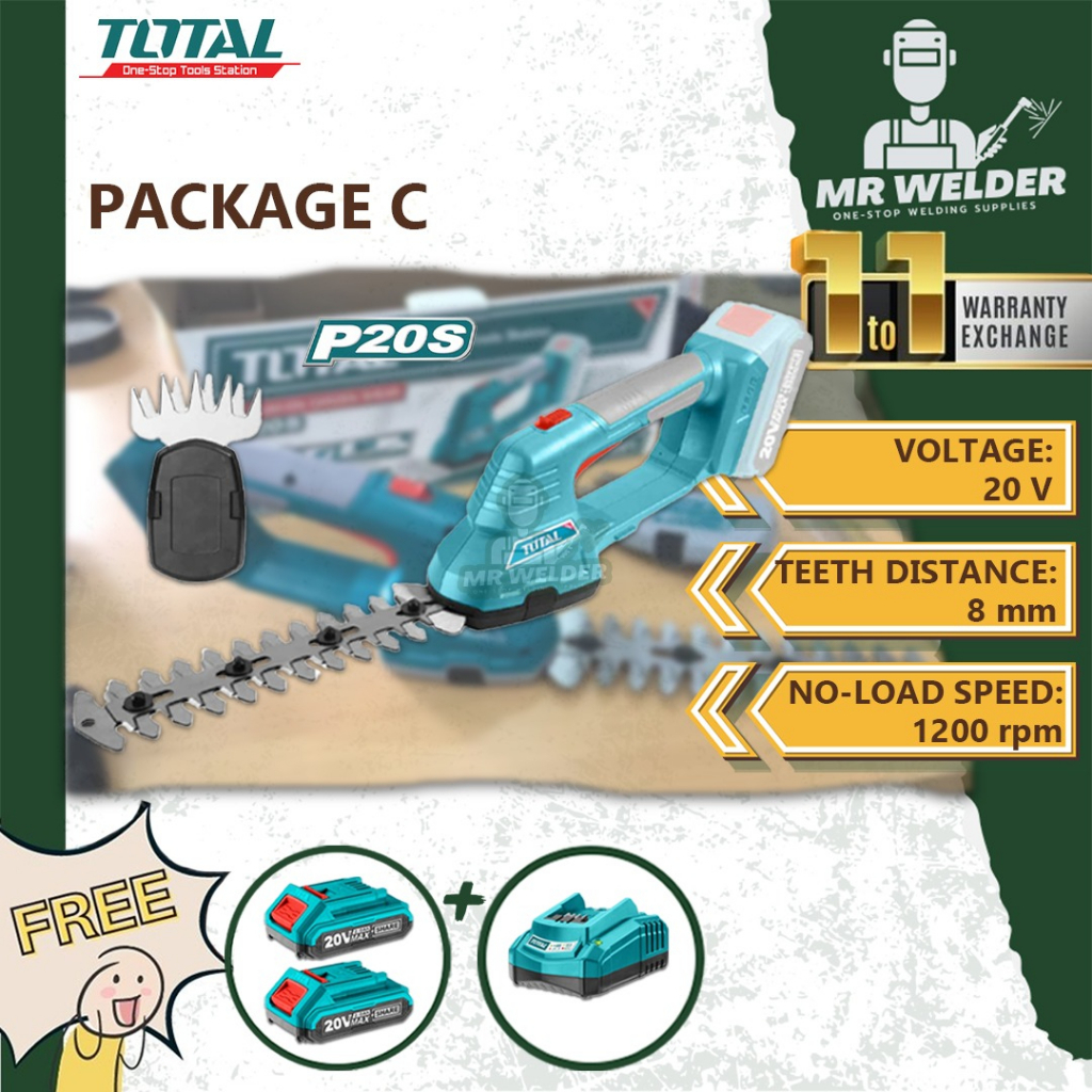 TOTAL 20V Li-ion Cordless Grass & Shrub Shear Hedge Trimmer TSTLI2001 ...