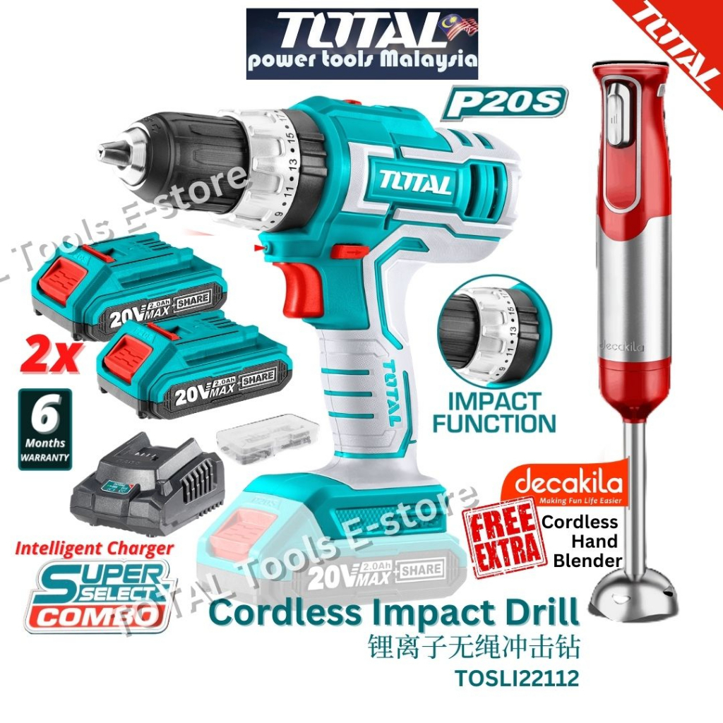 TOTAL Cordless Impact Drill TIDLI20031 [ COMBO Set ] + Free Cordless ...