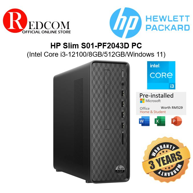 HP SLIM S01-PF2043D DESKTOP PC (Intel I3-12100, 8GB, 512GB SSD, WIRED ...