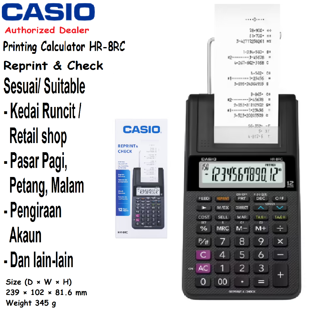 Casio Printing Calculator HR-8RC Kalkulator Cetak Resit 12 Digit ...