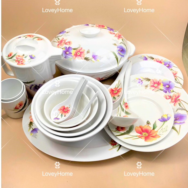 Melamine Hibiscus Dinner Set Plate Bowl Spoon Cup Jug Flower Spoon Bowl ...