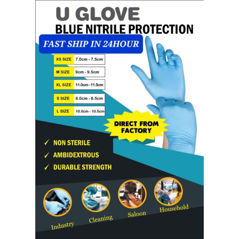 (100PCS)QUALITY NITRILE Glove Blue Powder Free Thick/Sarung Tangan BIRU ...