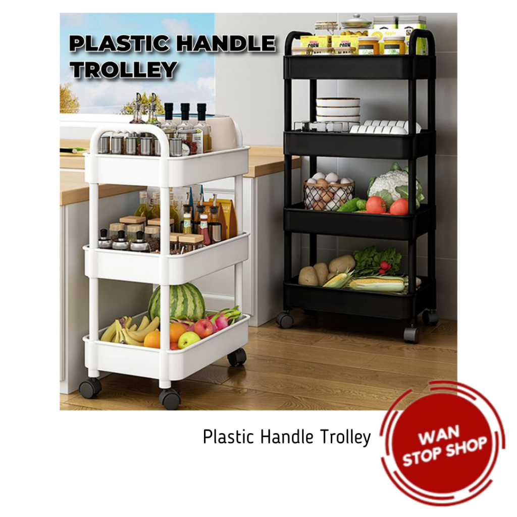 3/4 Tier Plastic Trolley Cart Handle, Plastic Trolley Storage Racks ...