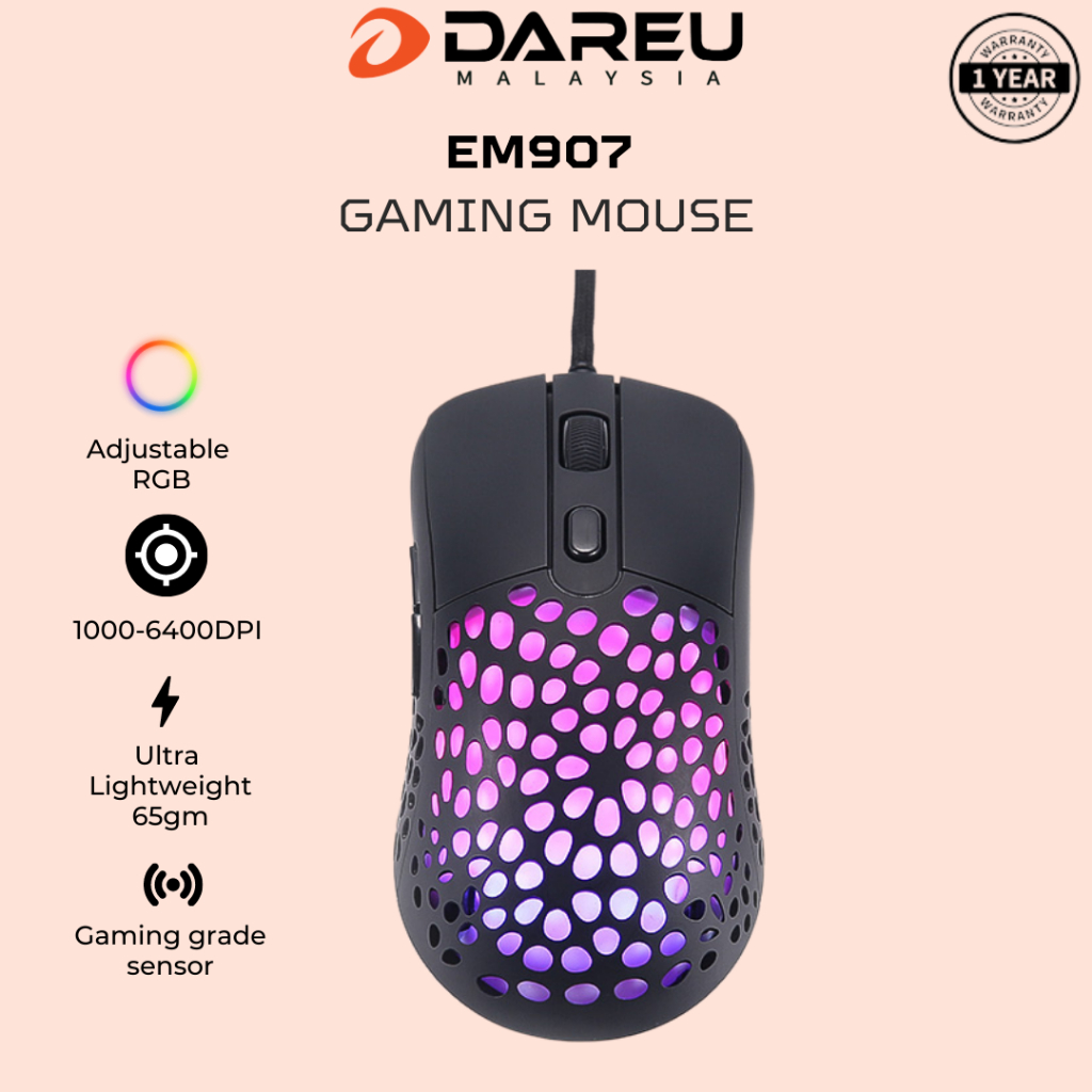 Dareu Butterfly Honeycomb Lightweight Wired USB RGB Gaming Mouse EM907 ...