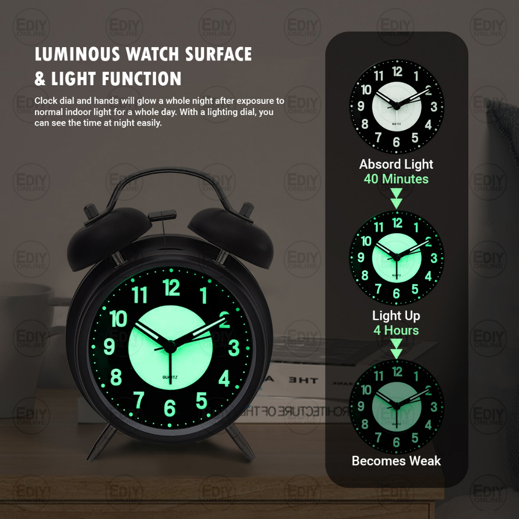 4"Classic Retro Quartz Alarm Clock Loud Sound Twin Bell Analogue Desk ...