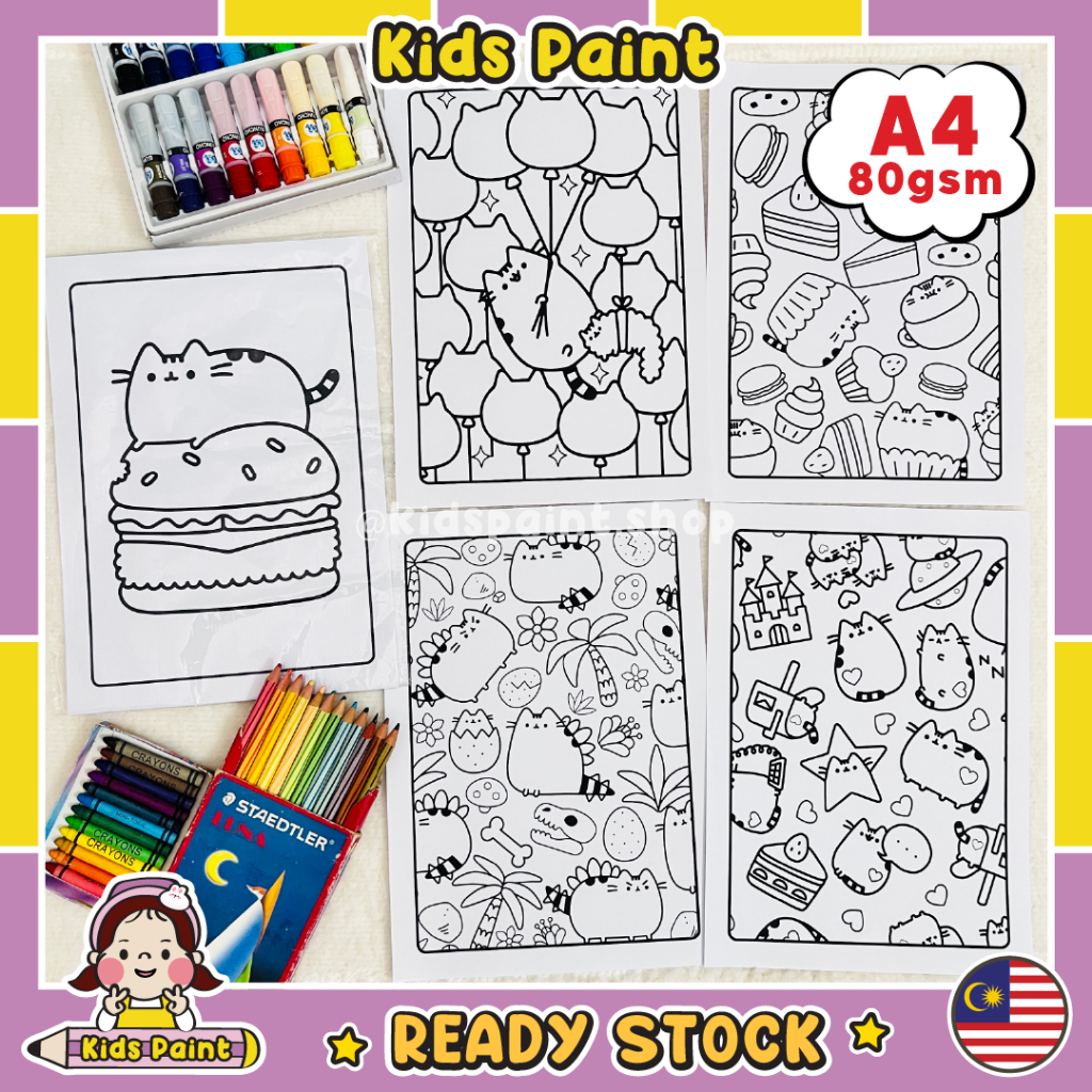 [KidsPaint] Pusheen 20 Sheets Kids Coloring Paper (A4 Print Out) Buku ...
