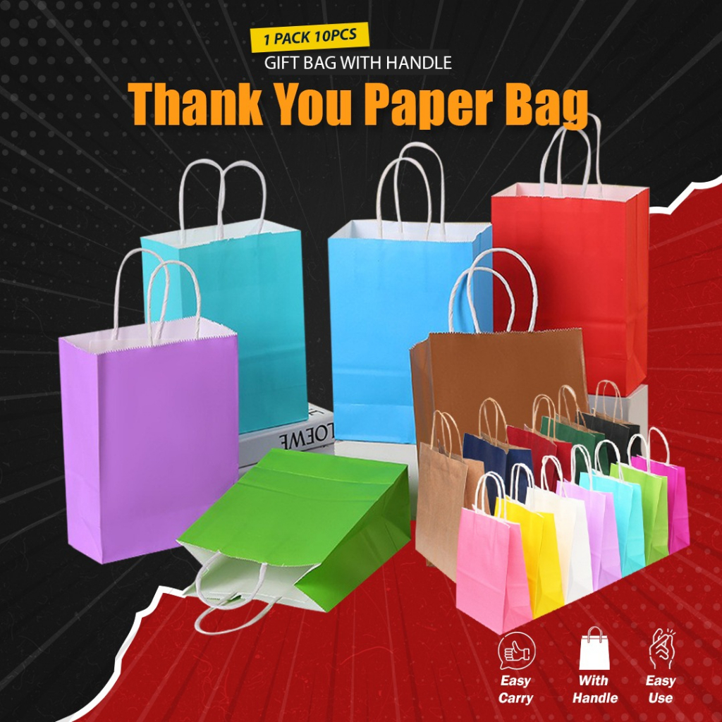 10 Pcs Plain Pure Colour Handle Paper Bag Goodies Bag XS, S, M, L ...