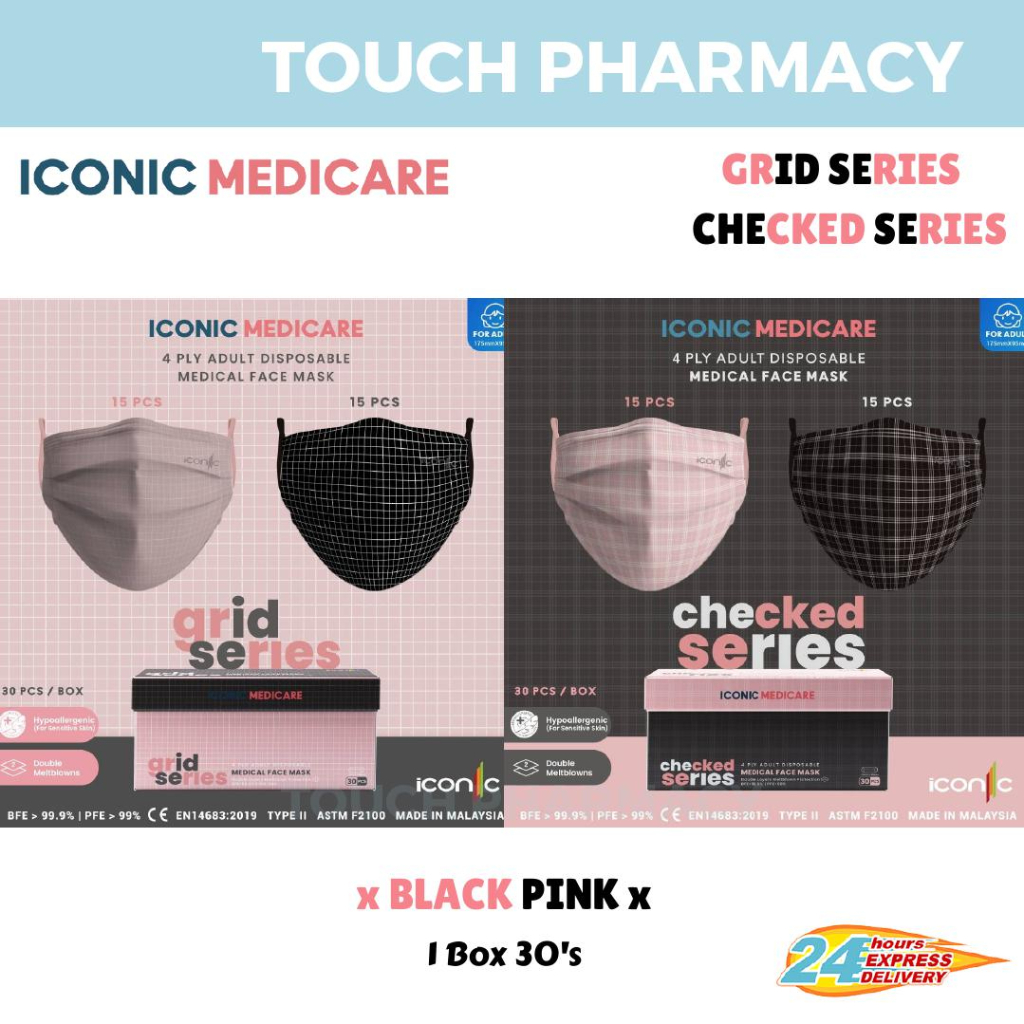 ICONIC 4PLY Adult Medical Face Mask - Grid Series / Checked Series 30's ...