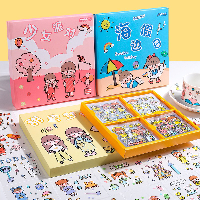 Gift Box 100 Sheets Handbook Sticker Set PET Material Water Cup ...