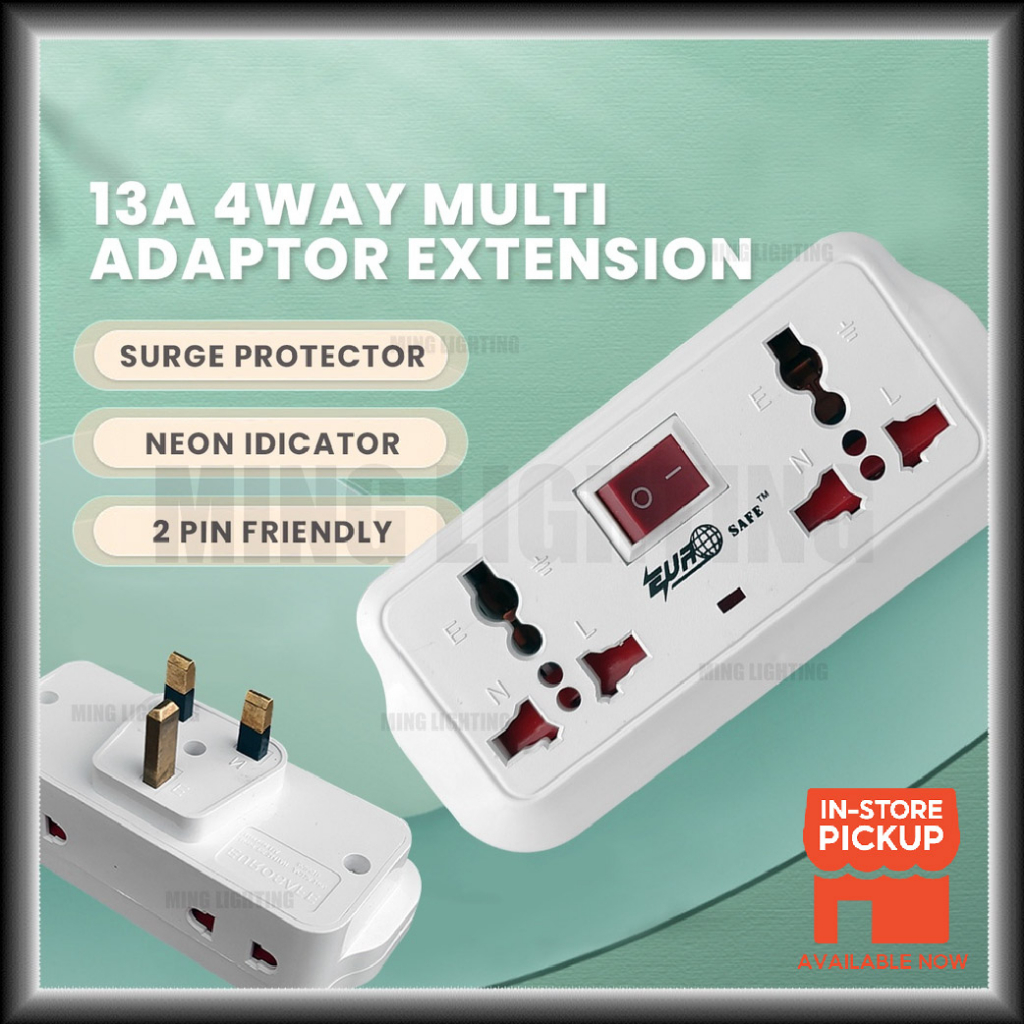 UK 3 Pin 4 Way Multi Adapter 13A Plug Universal Adaptor Neon Light ...