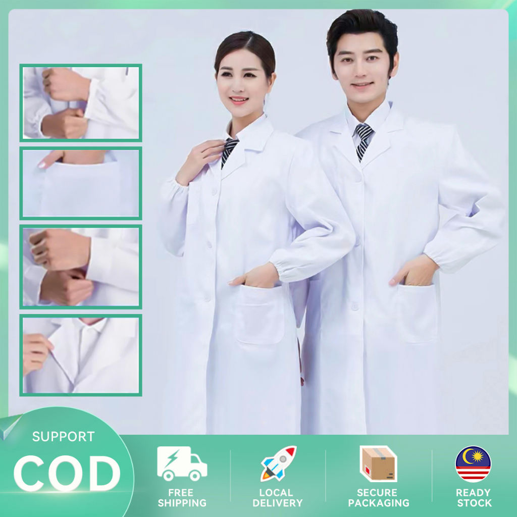 Lab coat student Long Sleeve uniform S-XXXL button cuffs white men ...