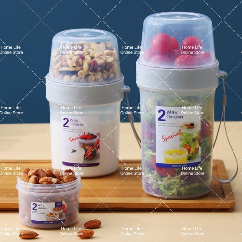 2 Way Container Air Tight Bottle Cereal Salad Double Layer Container ...