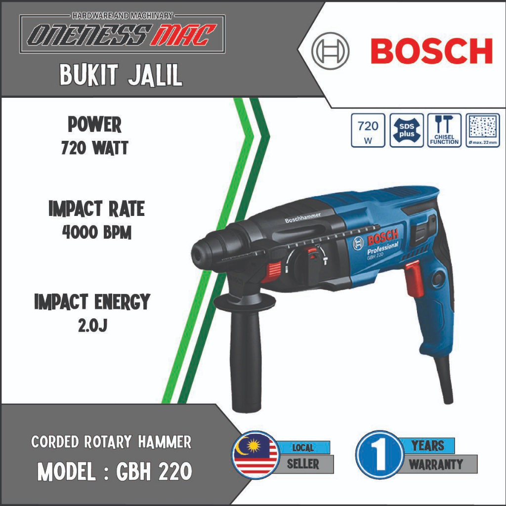 Bosch Gbh 220 Professional 3 Function Sds Plus Rotary Hammer 720w