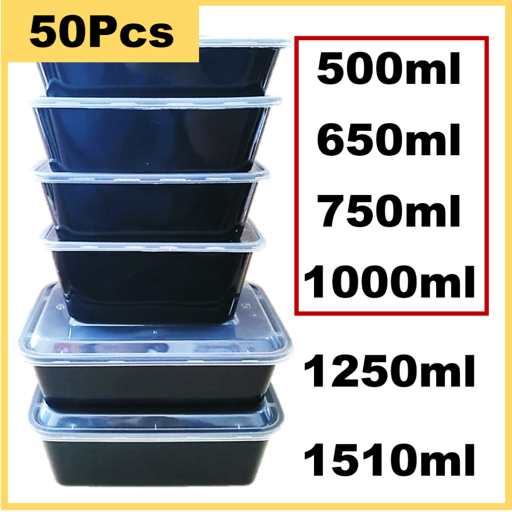 50pcs Black Rectangular Microwave Food Container With Flat Lid Plastic ...