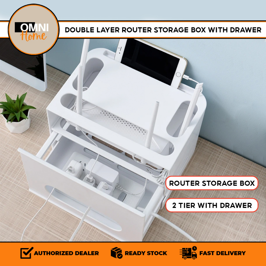2-Tier Router WIFI Storage Box With Drawer | Double Layer Design ...