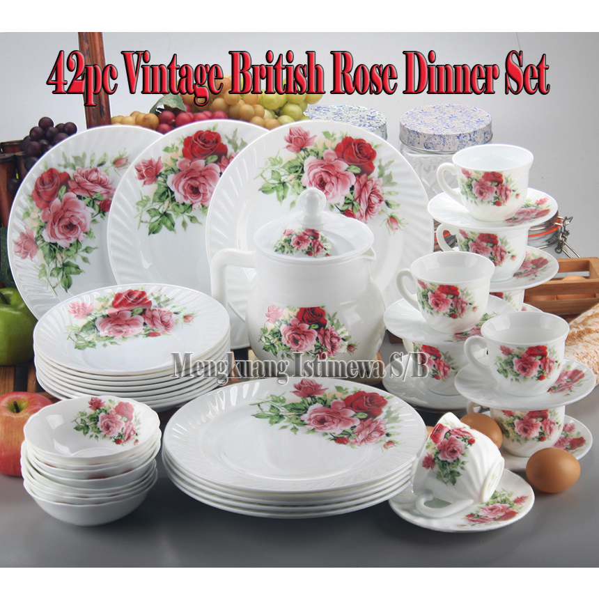 42 PC VINTAGE ROSE ROSE OPAL DINNER SET /PINGGAN MANGKUK SE42167 ...