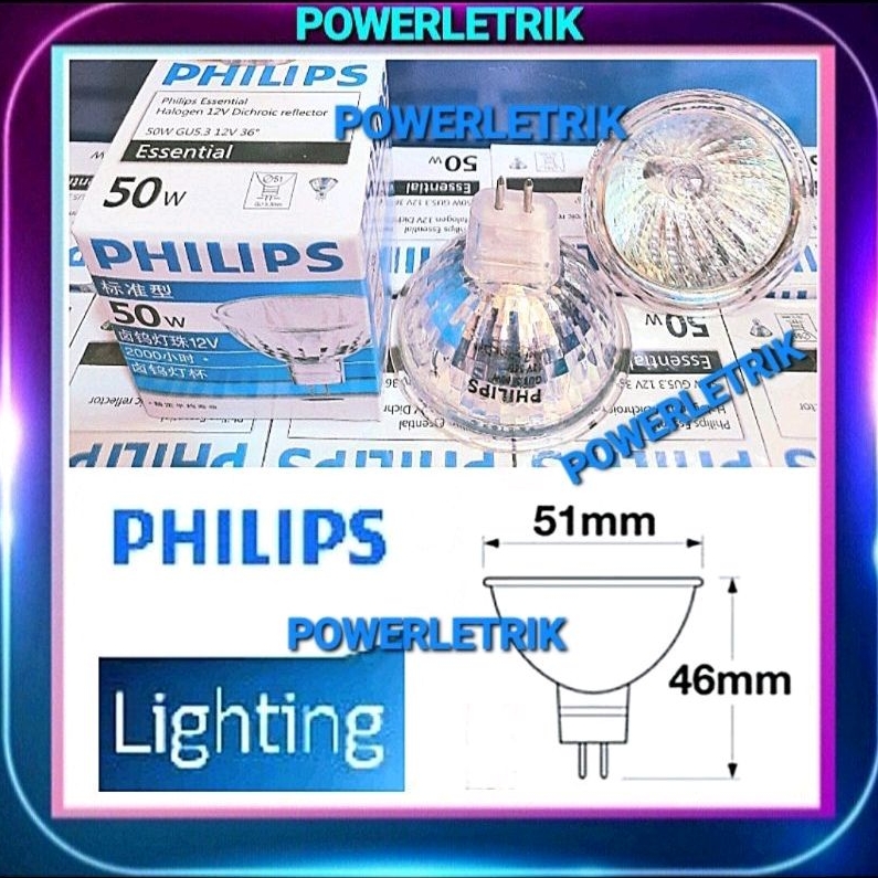 PHILIPS MR16 12V 50W 36 HALOGEN BULB WITH FRONT GLASS COVER - 2 PIN ...