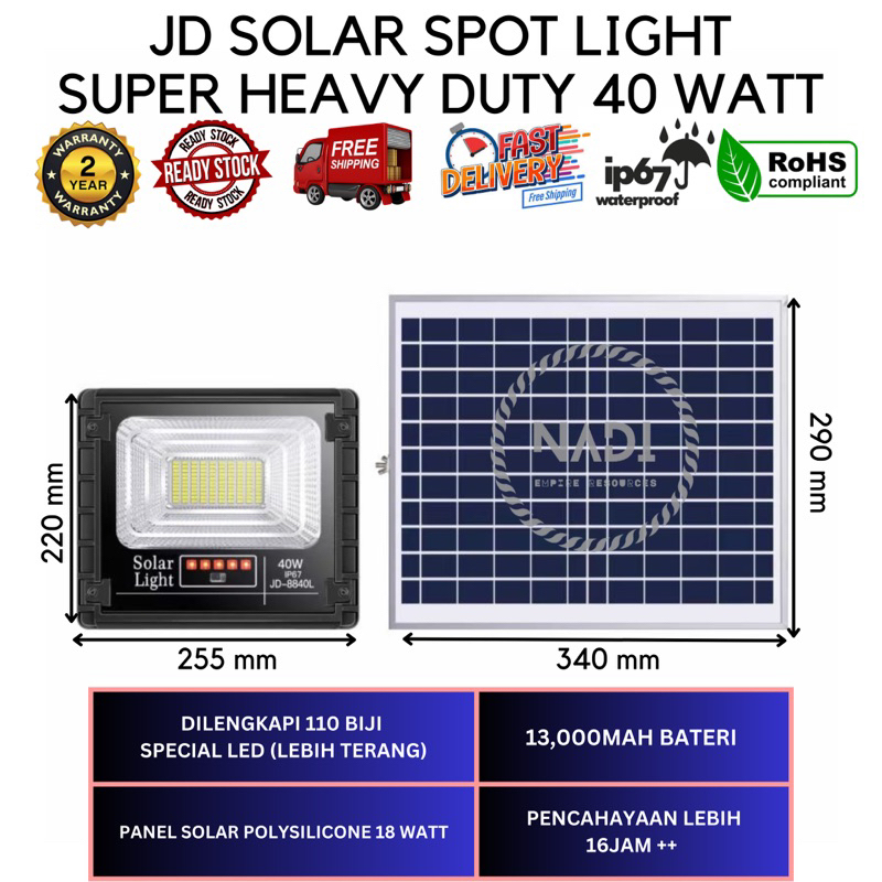 40 WATT JD LED SOLAR FLOOD / SPOT LIGHT 40W / LAMPU SOLAR SPOTLIGHT JIN DIAN 2 TAHUN WARRANTY 1 ...