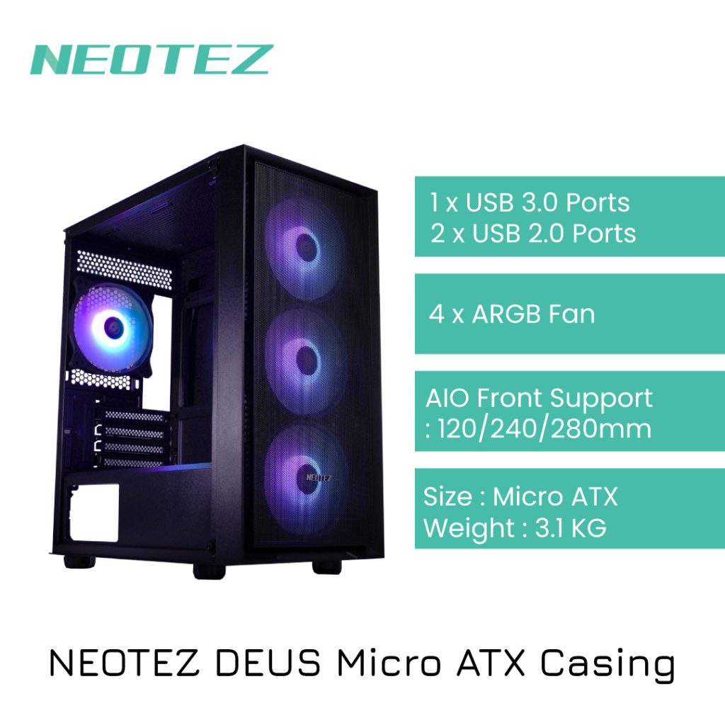 Neotez DEUS Micro ATX Casing, Mesh Front Panel, 4 x ARGB Fan, AIO ...