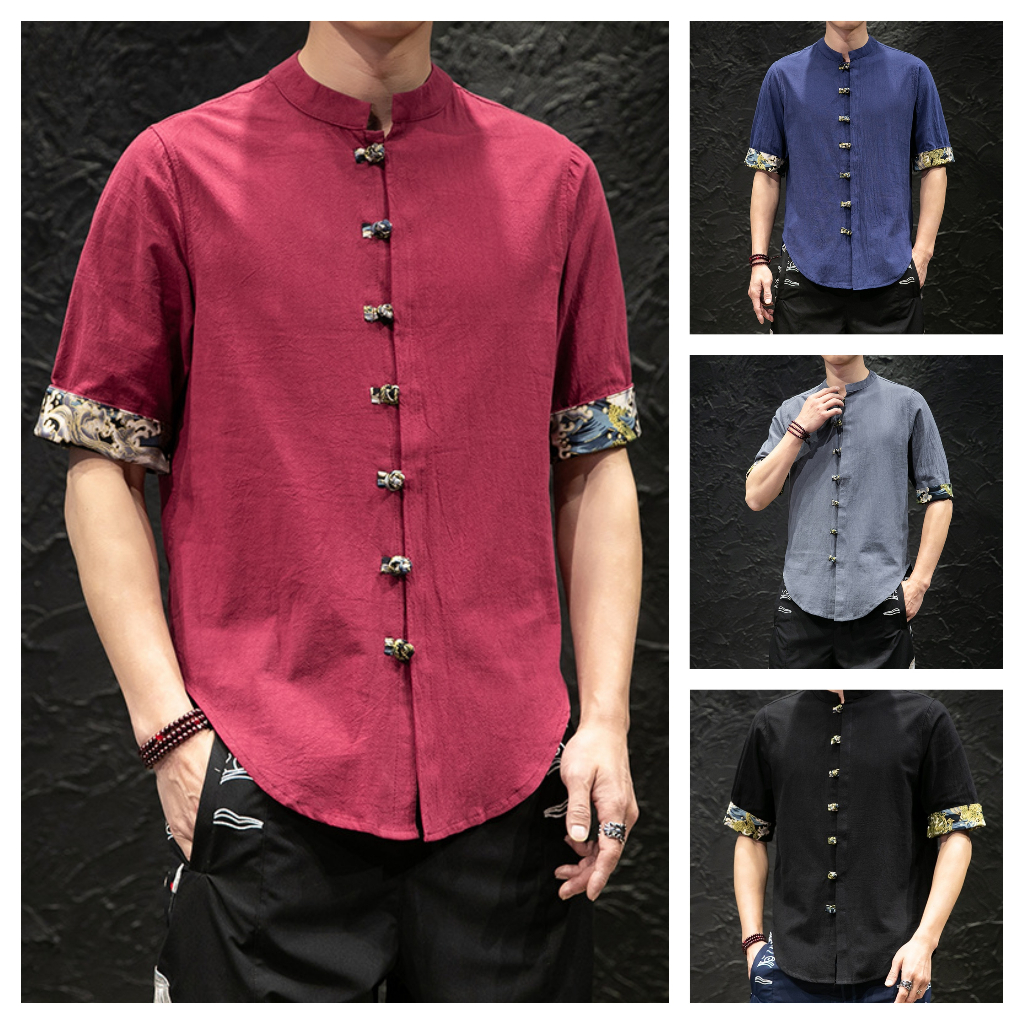 daidai (Ship from Malaysia) Chinese Asbestos-linen Short Sleeve Shirt ...