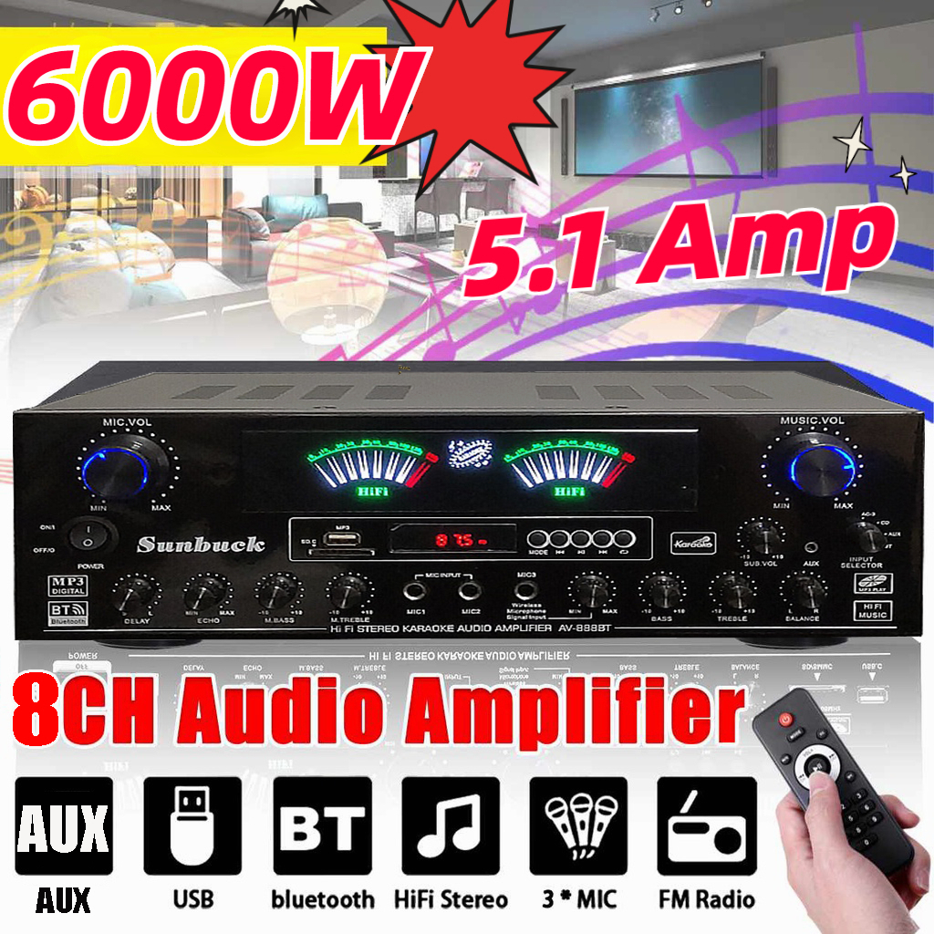 Sunbuck 5.1 Channel Power Amplifier Home Theater Karaoke Amplifier Bluetooth Stereo Bass Amp ...